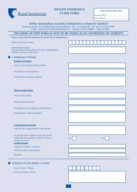 HEALTH INSURANCE CLAIM FORM - Royal Sundaram
