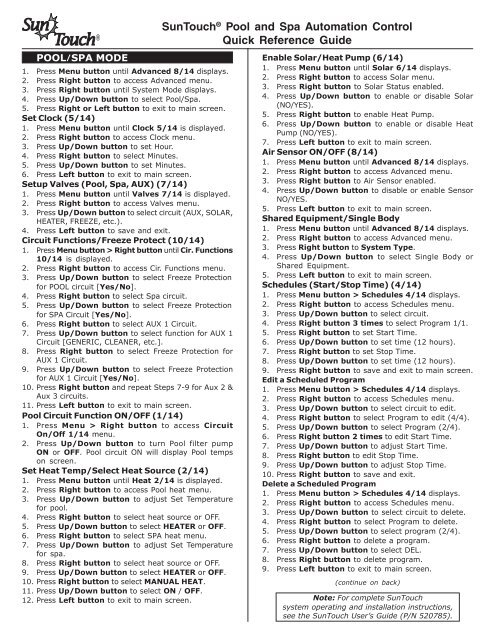 SunTouch® Pool and Spa Automation Control Quick ... - Pentair