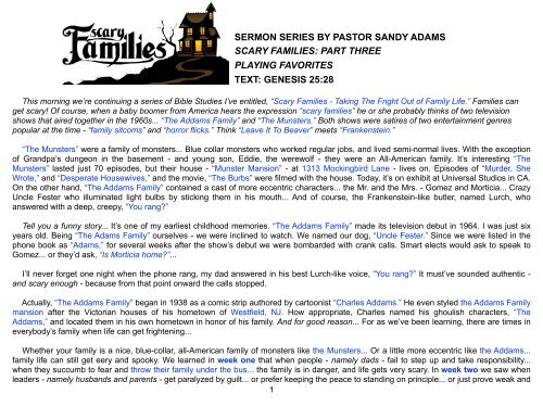 SERMON SERIES BY PASTOR SANDY ADAMS SCARY FAMILIES ...