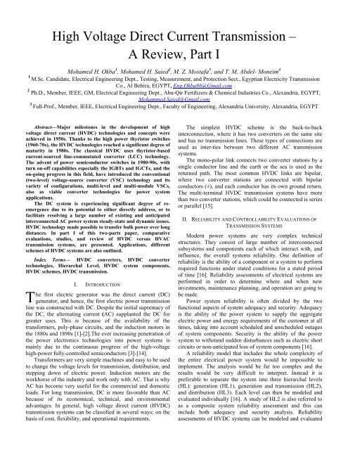 High Voltage Direct Current Transmission – A Review, Part I