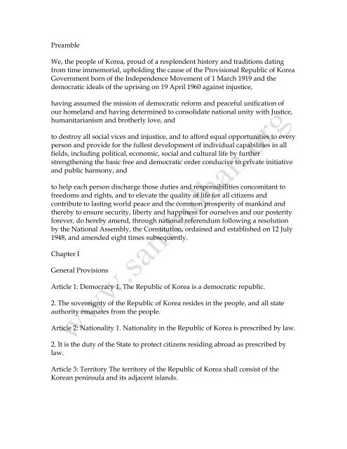 Preamble We, the people of Korea, proud of a resplendent history ...