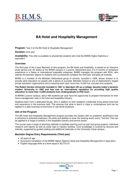 BA Hotel and Hospitality Management - BHMS