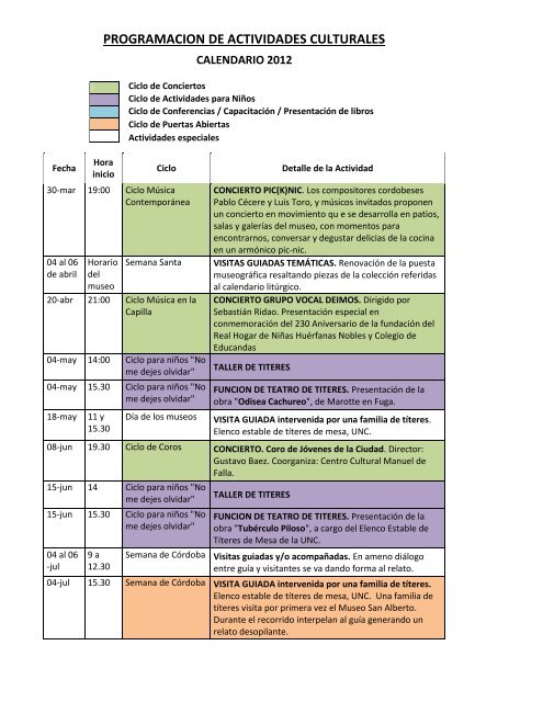 programacion de actividades culturales - Museo San Alberto