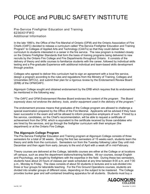 Information Sheets on the Pre-Service Firefighter Program