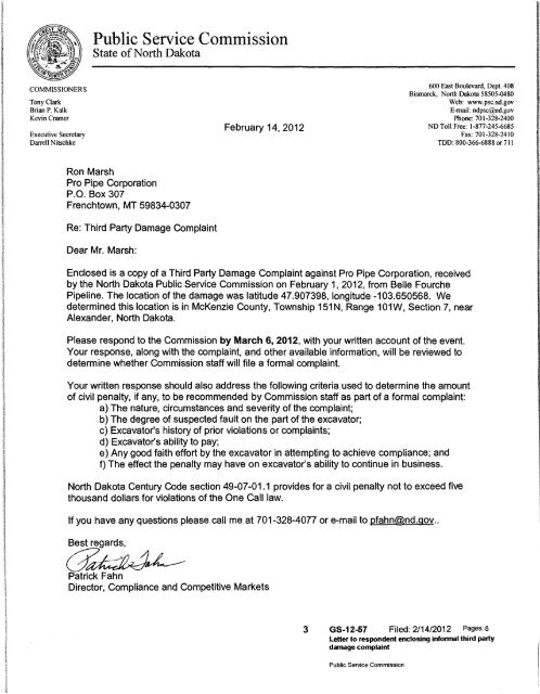 Letter to respondent enclosing informal third party damage