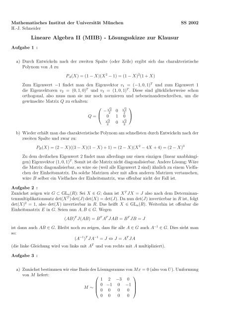 Lineare Algebra II (MIIB) - Lösungsskizze zur Klausur