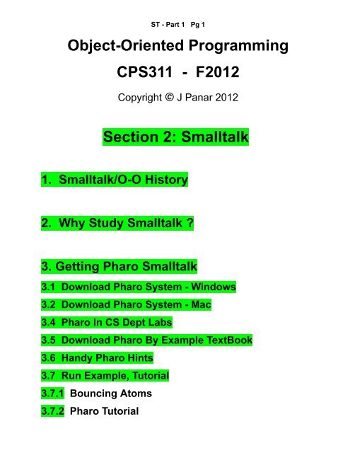 Object Oriented Programming Cps311 F2012 Section 2 Smalltalk