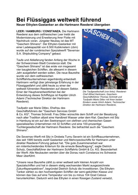 Bei Flüssiggas weltweit führend - Hartmann Reederei