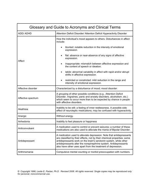 Glossary and Guide to Acronyms and Clinical Terms