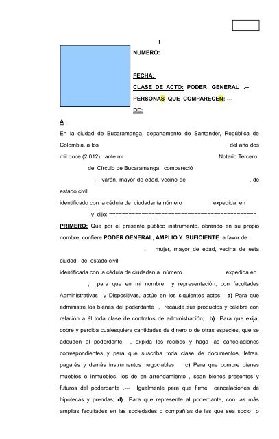 CLASE DE ACTO: PODER GENERAL - Notaria Tercera