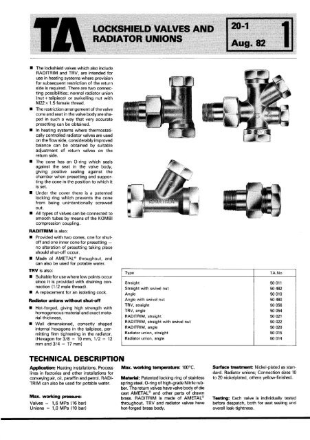 TA LOCKSHIELD VALVES AND RADIATOR UNIONS - TA Hydronics