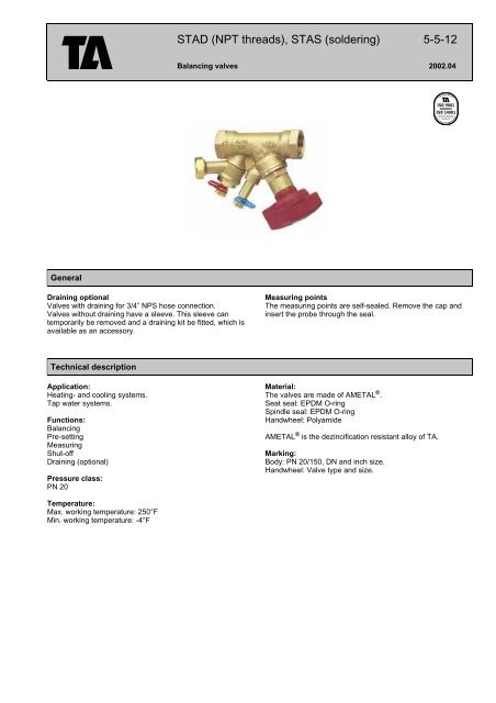 STAD (NPT threads), STAS (soldering) 5-5-12 - TA Hydronics
