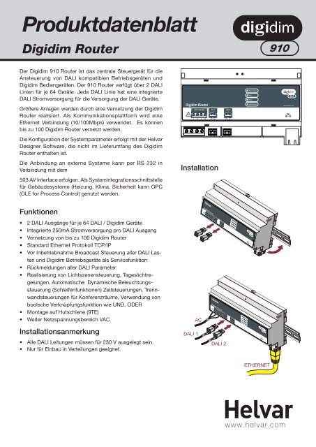 Helvar 910 Digidim Router Produktdatenblatt. Herausgabe 1