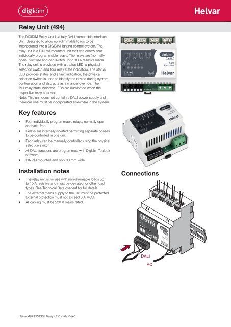 Relay Unit (494) Key features Installation notes Connections - Helvar