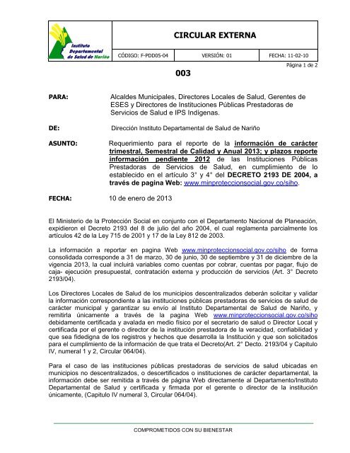 circular externa 003 - Instituto Departamental de Salud de Nariño