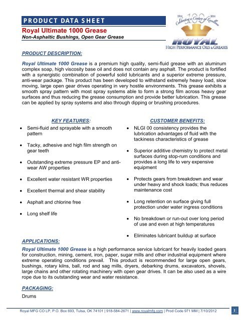 Product Data Sheet - Royal Manufacturing