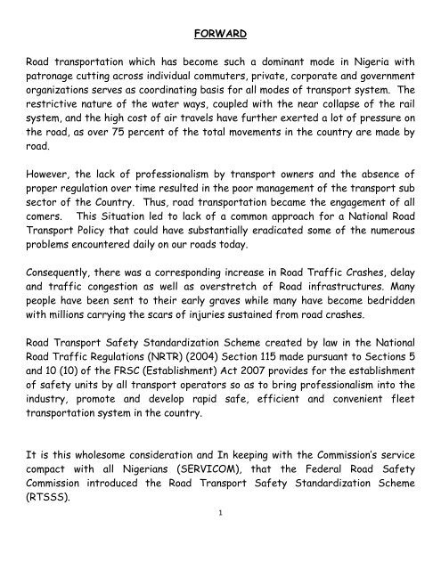 Road Transport Safety Standardization Scheme - FRSC Official ...
