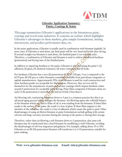 Gilsonite paint coat stain application summary - Gilsonite and Bitumen