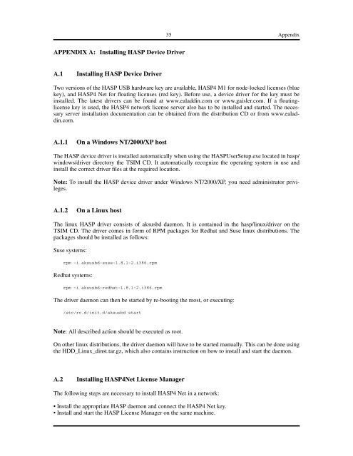 APPENDIX A: Installing HASP Device Driver A.1 Installing HASP ...