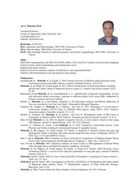 Ali A. Mehrabi, Ph.D. Assistant Professor, Faculty of Agriculture, Ilam ...