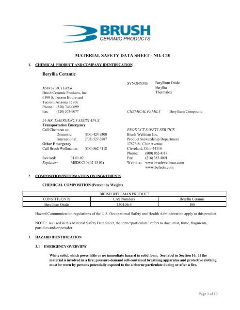 MATERIAL SAFETY DATA SHEET - NO. C10 Beryllia Ceramic - Aavid