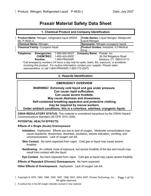 Nitrogen, Cryogenic Liquid, Material Safety Data Sheet Provided by ...