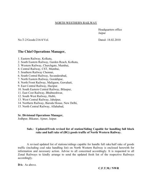 The Chief Operations Manager, - North Western Railway