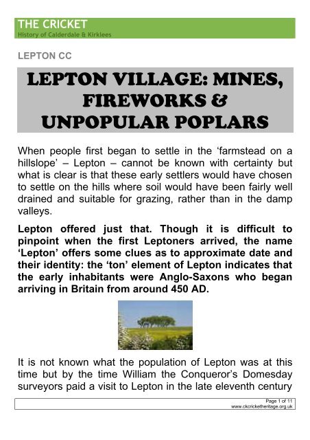 lepton village - The Cricket History of Calderdale and Kirklees