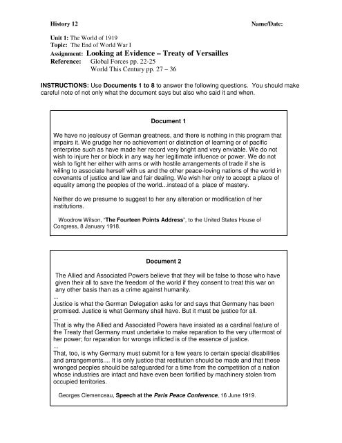 Assignment: Looking at Evidence – Treaty of Versailles
