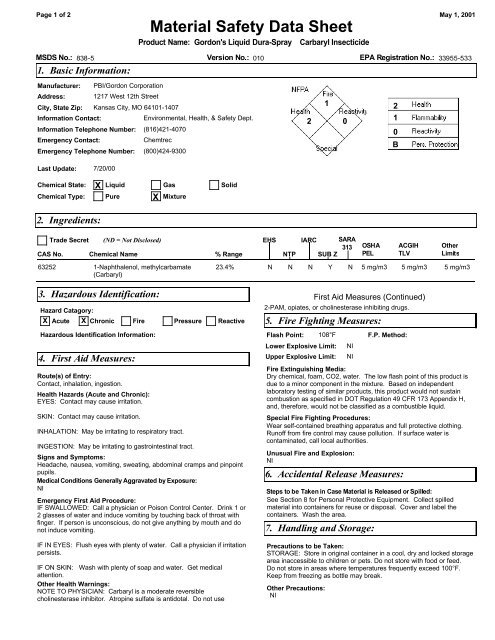 Liquid Dura-Spray Carbaryl Insecticide MSDS - PBI/Gordon