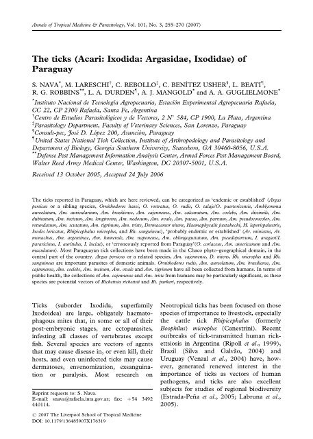 The ticks (Acari: Ixodida: Argasidae, Ixodidae) of Paraguay