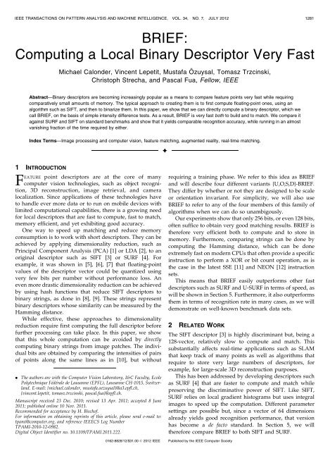 BRIEF: Computing a Local Binary Descriptor Very Fast - CVLab - EPFL