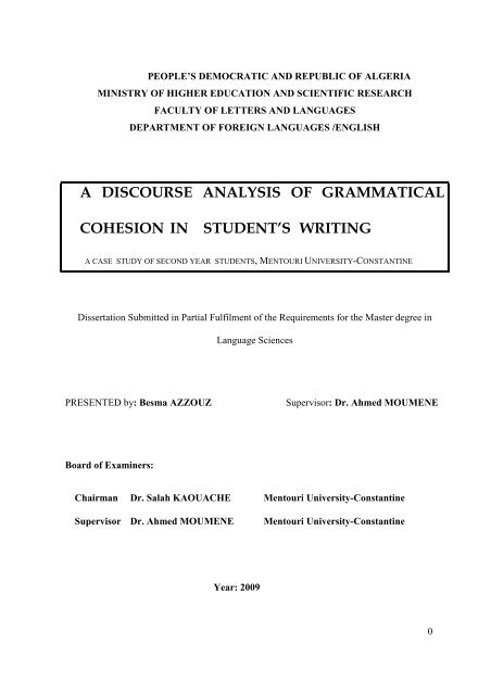 a discourse analysis of grammatical cohesion in student's writing