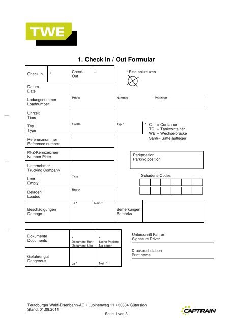 1. Check In / Out Formular