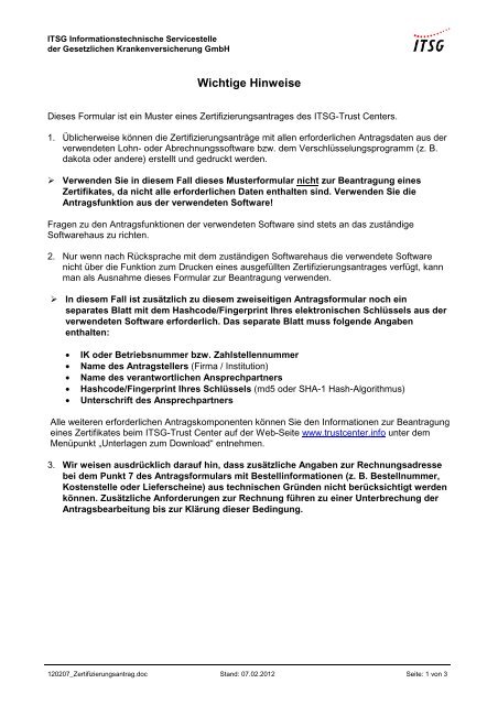 Wichtige Hinweise - bei der ITSG GmbH