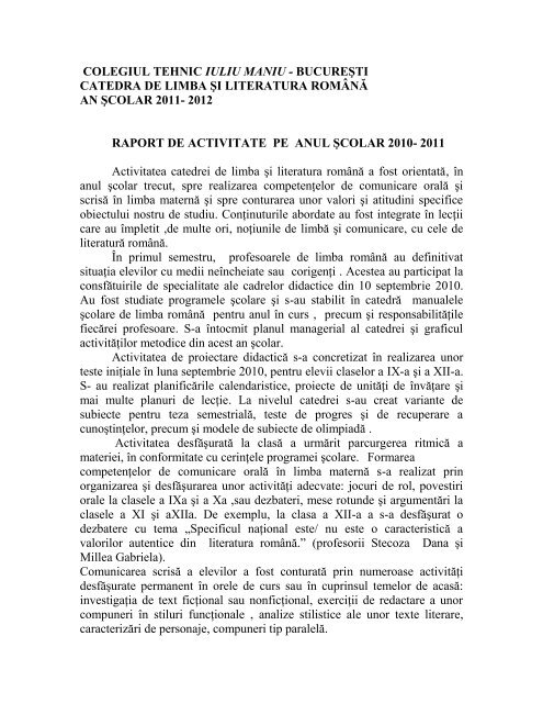 Raport de activitate - LIMBA SI LITERATURA ROMANA 2010 - ctim