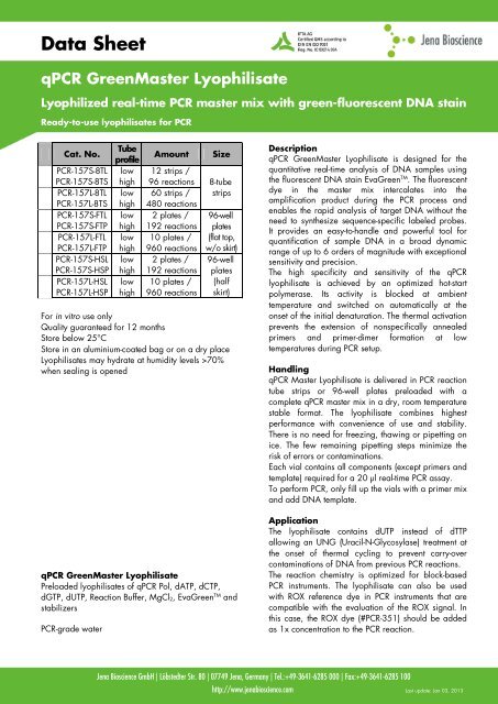 Data Sheet qPCR GreenMaster Lyophilisate - Jena Bioscience