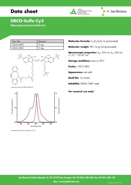 Data sheet DBCO-Cy3 - Jena Bioscience