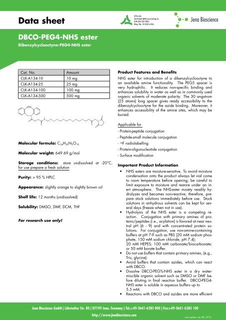 Data sheet DBCO-PEG4-NHS ester - Jena Bioscience