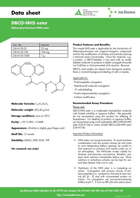 Data sheet DBCO-NHS ester - Jena Bioscience