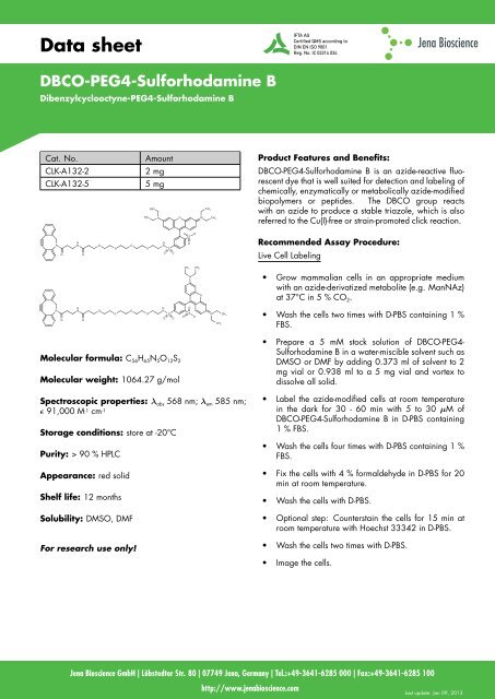 Data sheet DBCO-PEG4-Sulforhodamine B - Jena Bioscience