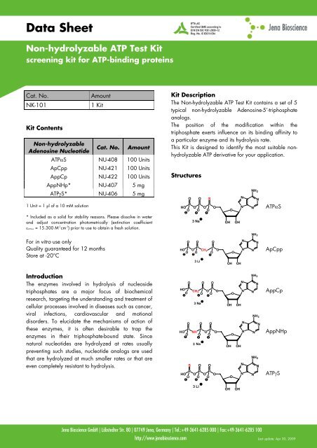 Data Sheet Non-hydrolyzable ATP Test Kit - Jena Bioscience