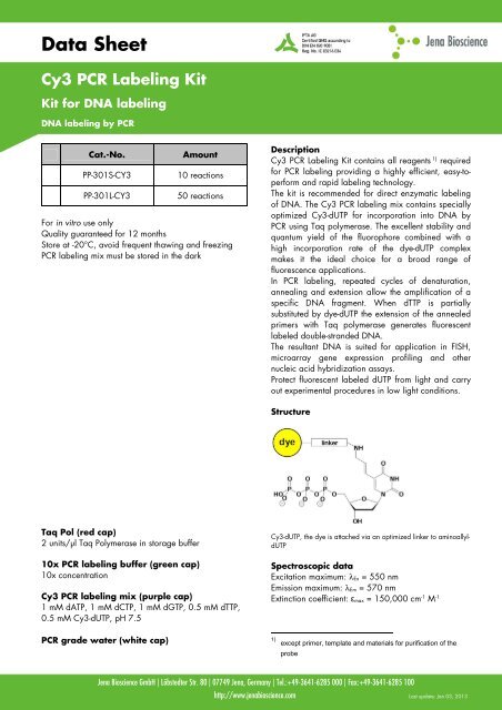Data Sheet Cy3 PCR Labeling Kit - Jena Bioscience