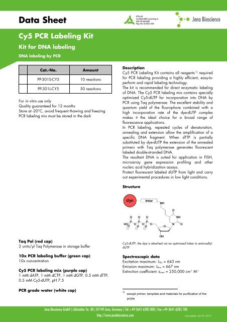 Data Sheet Cy5 PCR Labeling Kit - Jena Bioscience