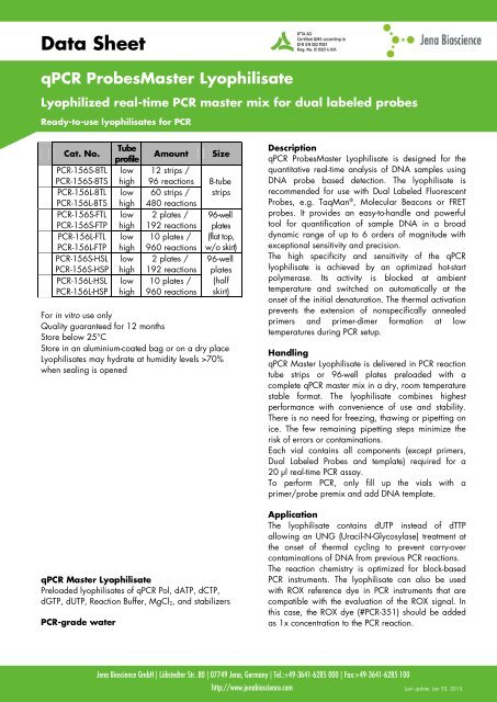 Data Sheet qPCR ProbesMaster Lyophilisate - Jena Bioscience