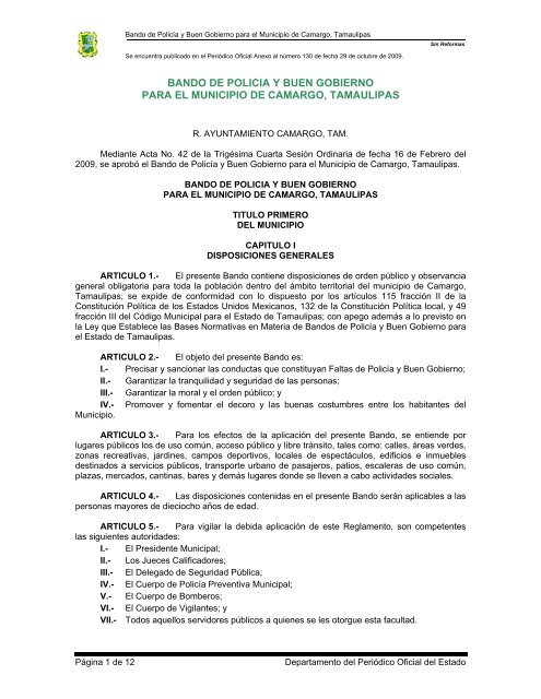 Bando De Policía Y Buen Gobierno Bienvenido Periodico Oficial