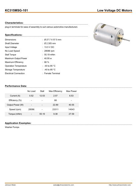 KC315MSG-101 Low Voltage DC Motors - Johnson Electric