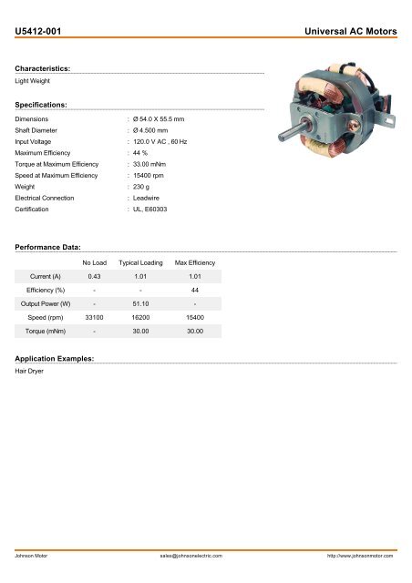 U5412-001 Universal AC Motors - Johnson Electric