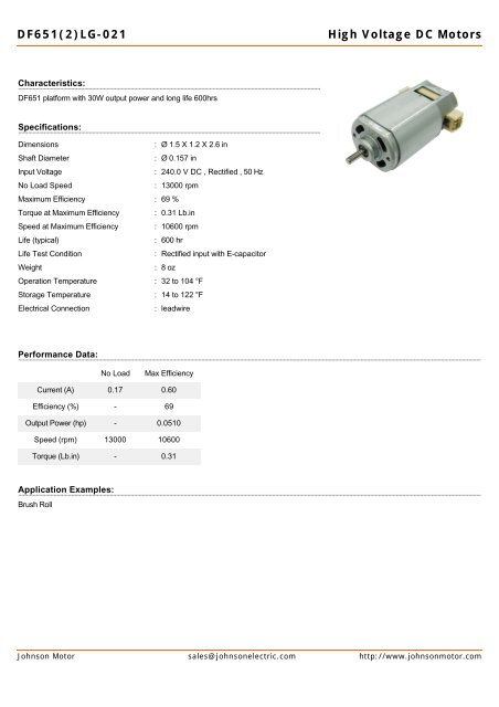 DF651(2)LG-021 High Voltage DC Motors - Johnson Electric