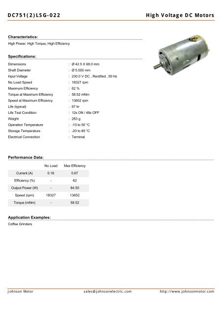DC751(2)LSG-022 High Voltage DC Motors - Johnson Electric